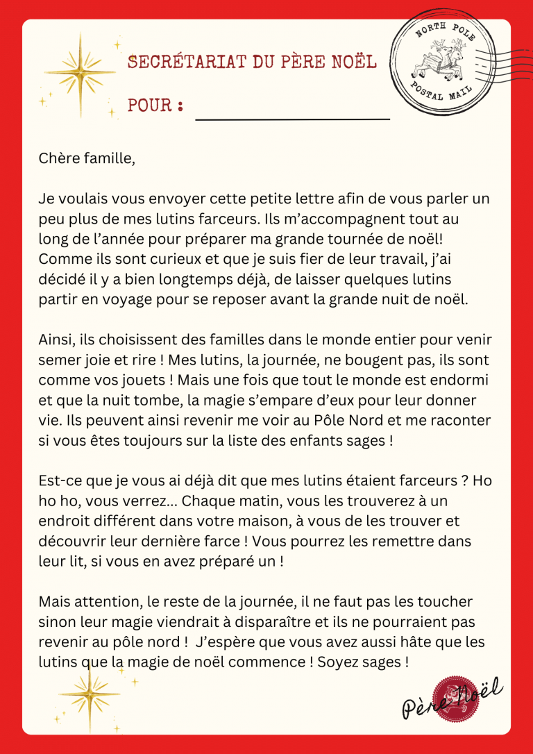 Lettre arrivée du lutin farceur de noel - Modèle gratuit