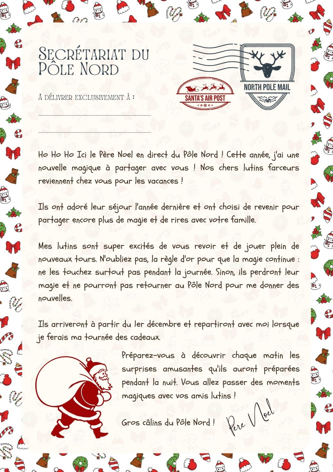 Lettre arrivée du lutin farceur de noel - Modèle gratuit